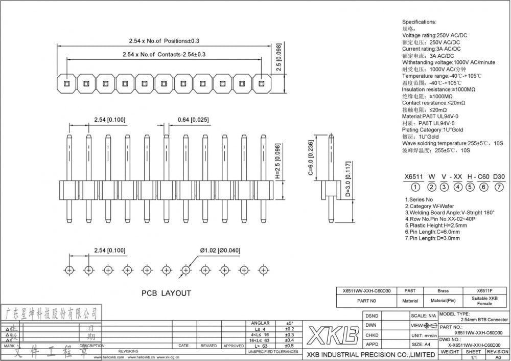 X6511WV-05H-C60D30 technical drawing and PCB layout
