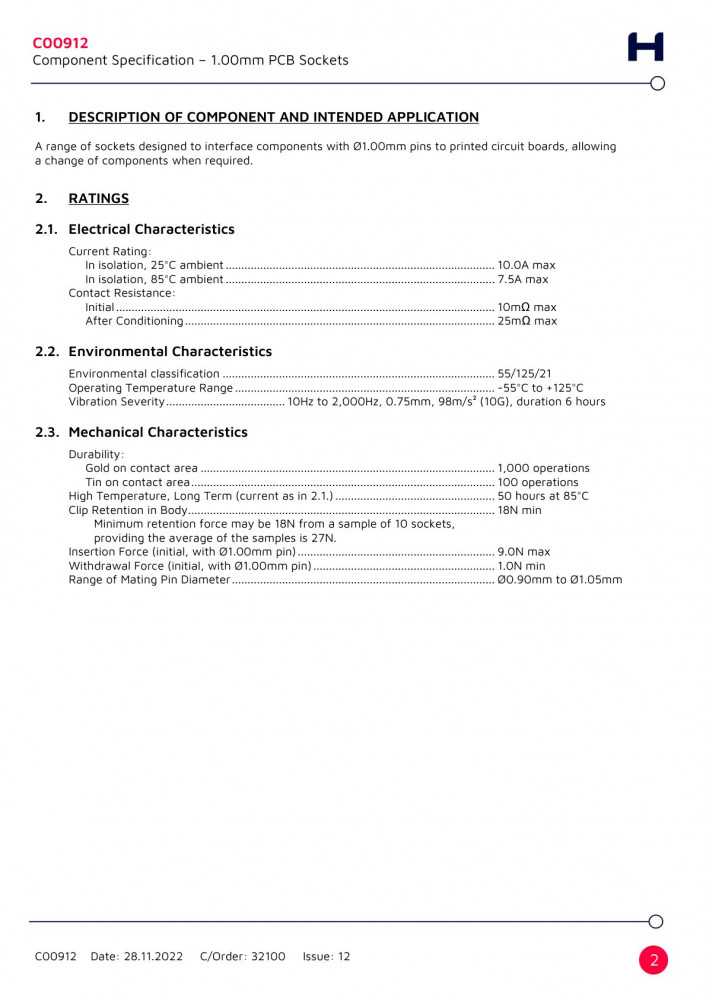 Harwin C00912 component specification page 2