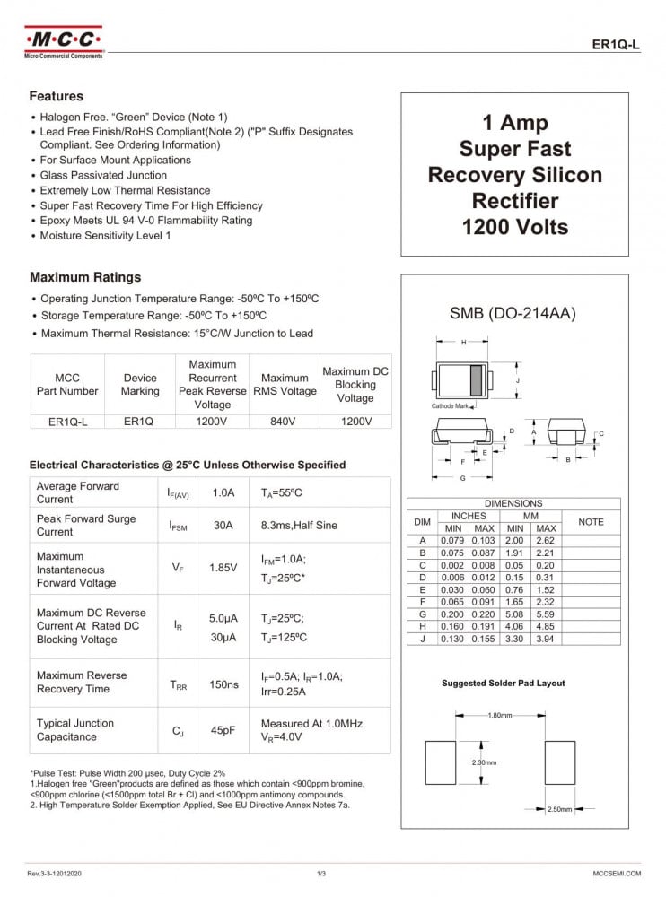MCC ER1Q-LTP datasheet page 1