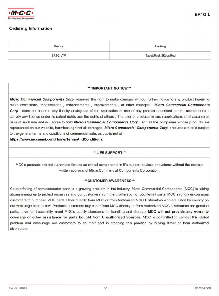 MCC ER1Q-LTP datasheet page 3