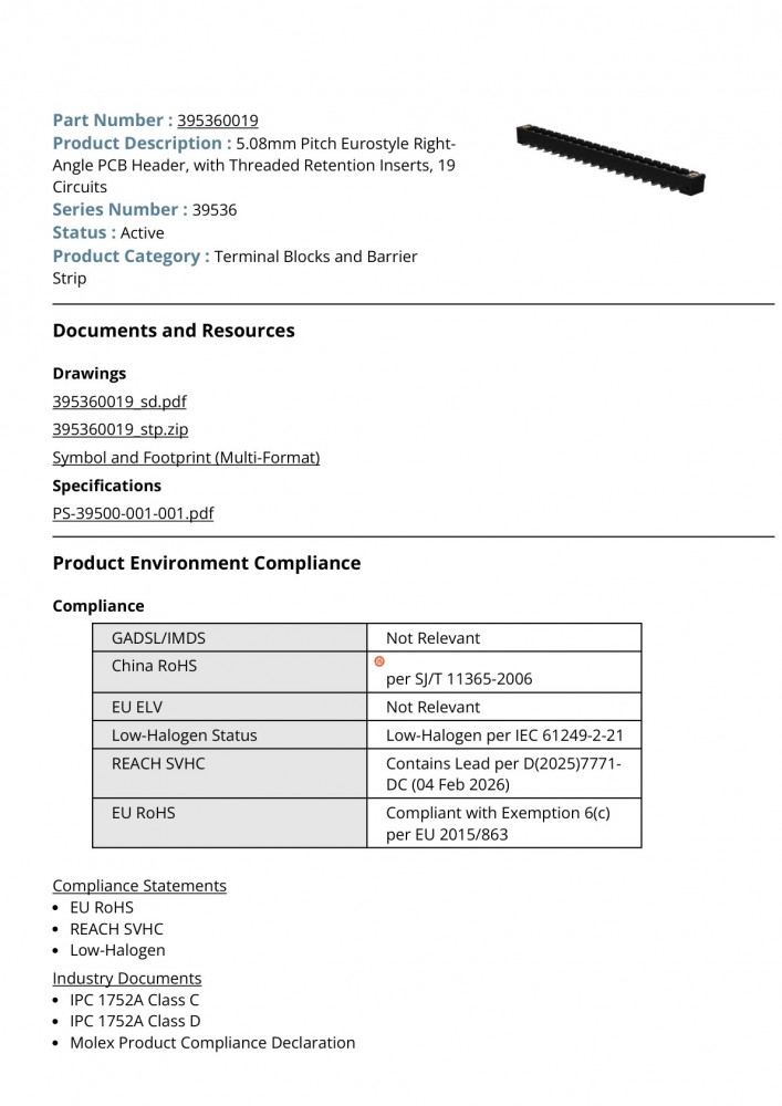 Molex ESE Eurostyle terminal block specification, page 1