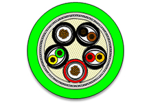 Flamar Power Cable, PUR Jacket, Braided Shielding Overall, 8 Circuits, 4x(2.50mm²) with Green-Yellow Ground + 2x(2x1.00mm² with Braided Shield)  / 4x(14 AWG) with Green-Yellow Ground + 2x(2x18 AWG with Braided Shield), 14.10mm (.555