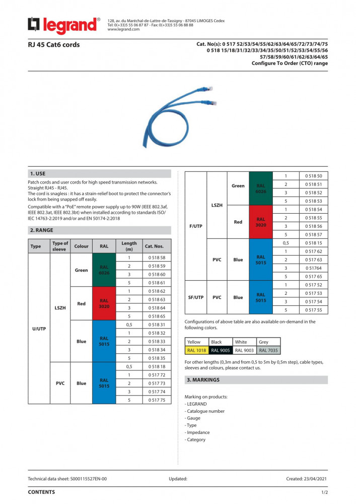 Legrand patch cord technical document page 1