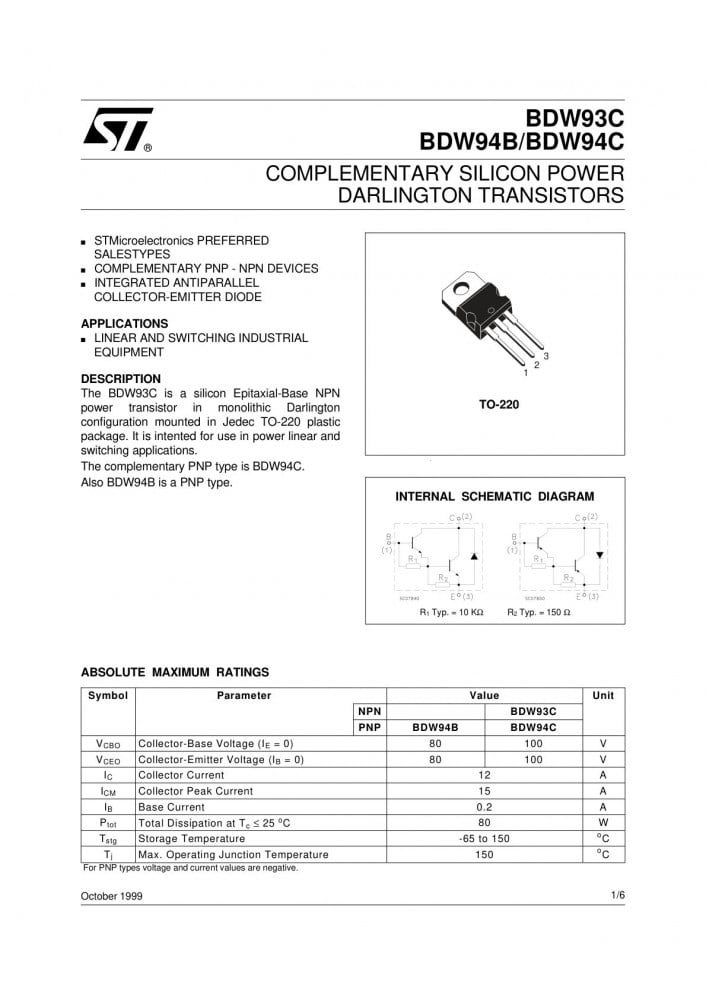 BDW93C datasheet page 1
