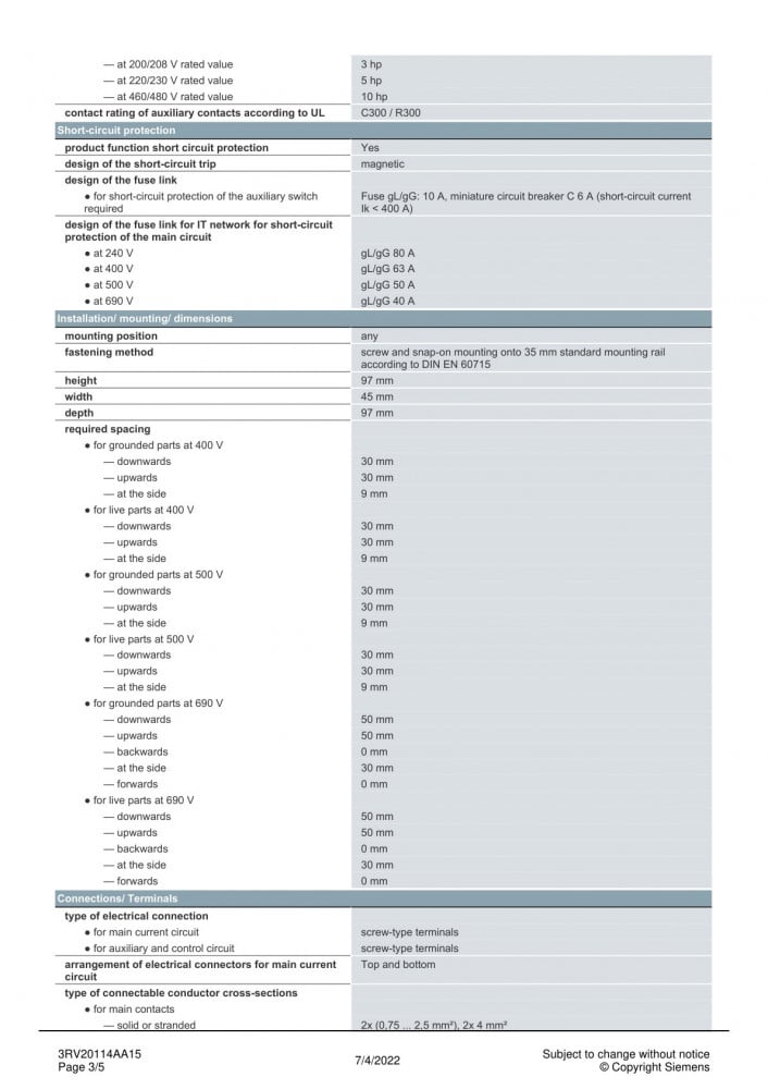 3RV20114AA15 datasheet page 3