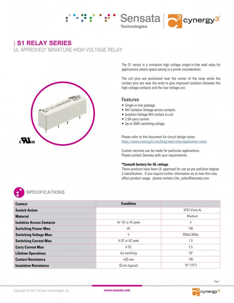 Sensata S1 relay series technical document page 1