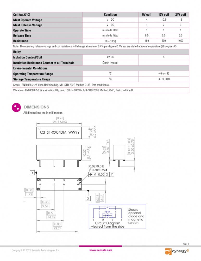 Sensata S1 relay series technical document page 2