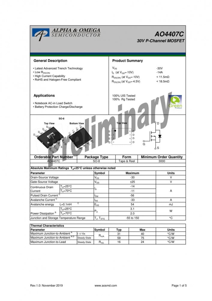 AO4407C datasheet page 1