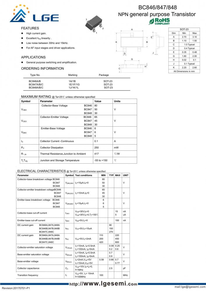 LGE BC847C datasheet page 1