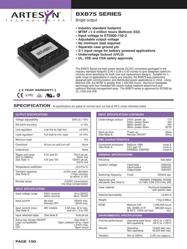 Artesyn BXB75 series datasheet page 1