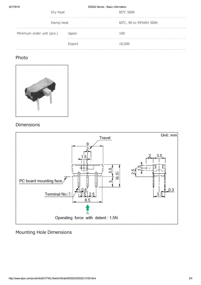 SSSS213100 dimensions and mounting hole drawing