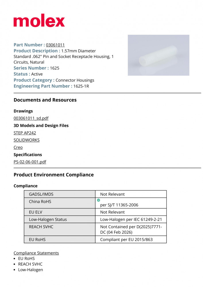 MOLEX 062 miniature connector specification, page 1