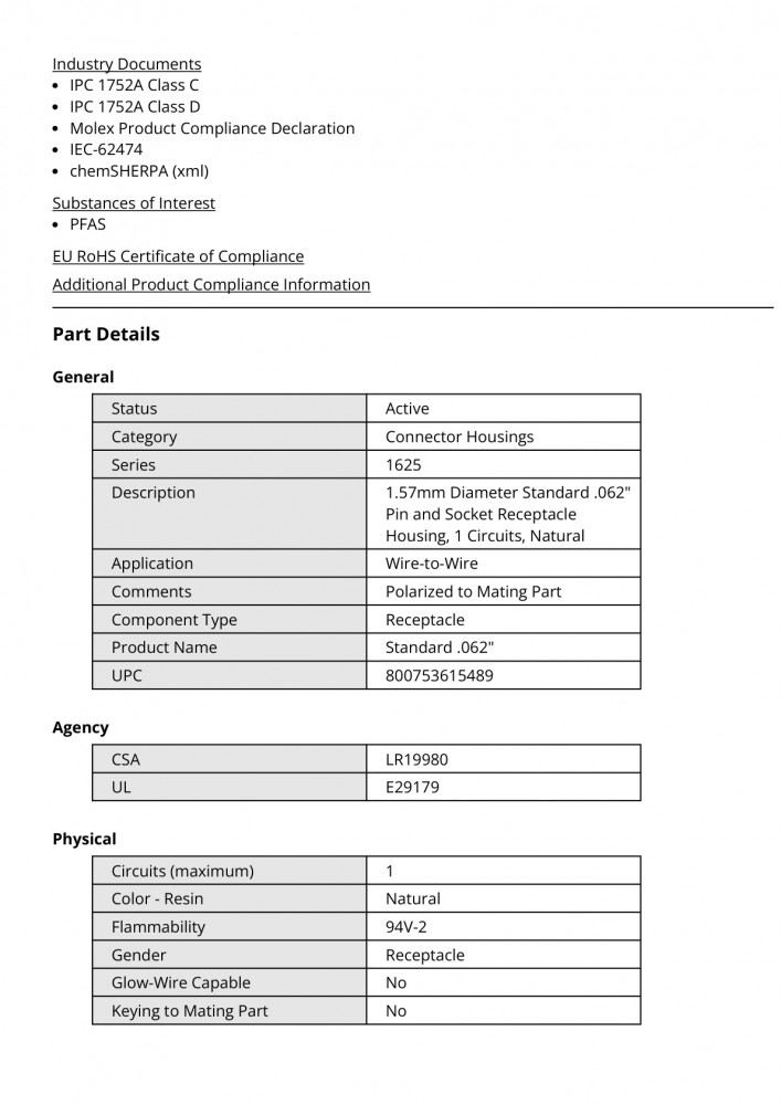MOLEX 062 miniature connector specification, page 2