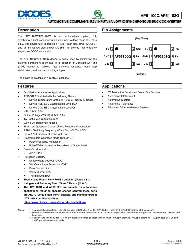 AP61100QZ6-7 datasheet page 1