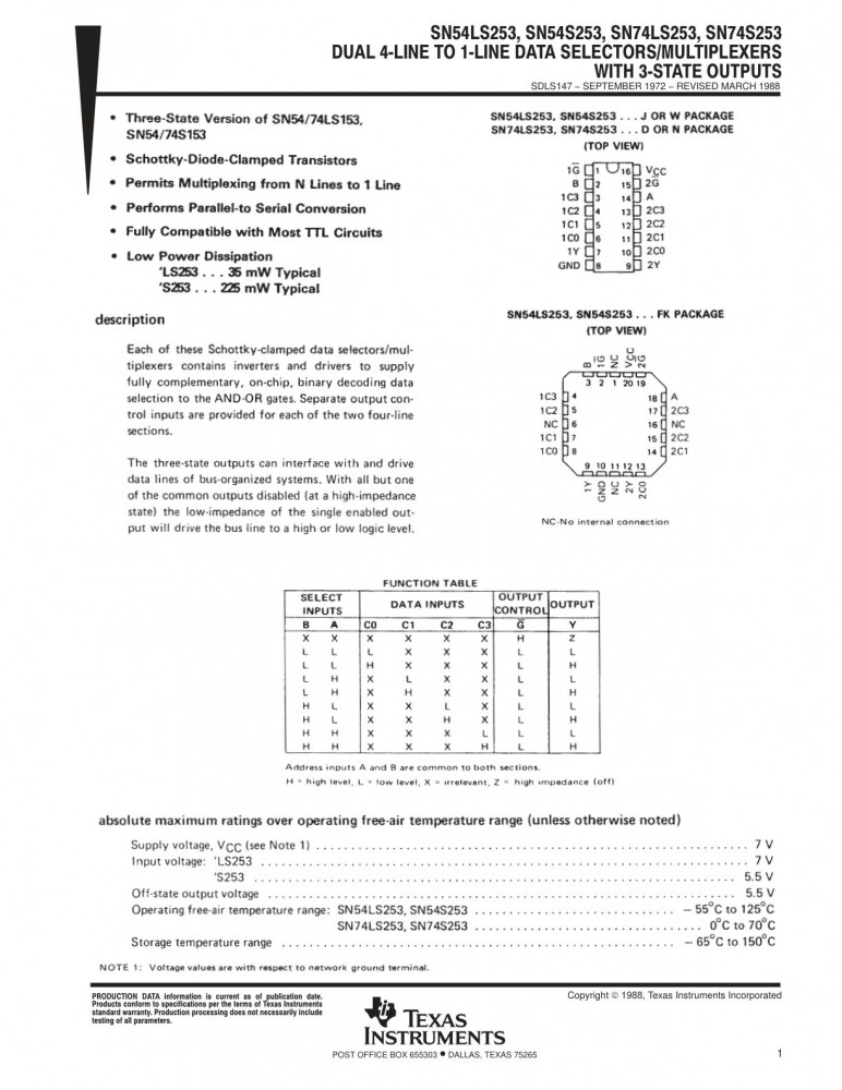 SN74LS253D technical document page 1