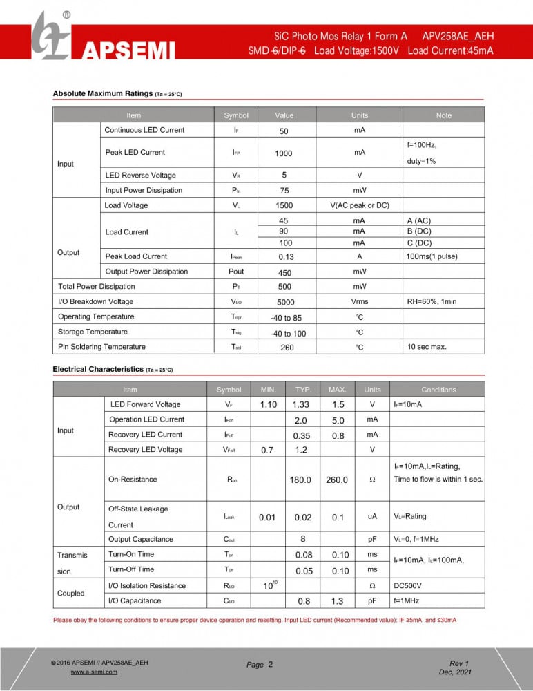 APV258AEH datasheet page 2