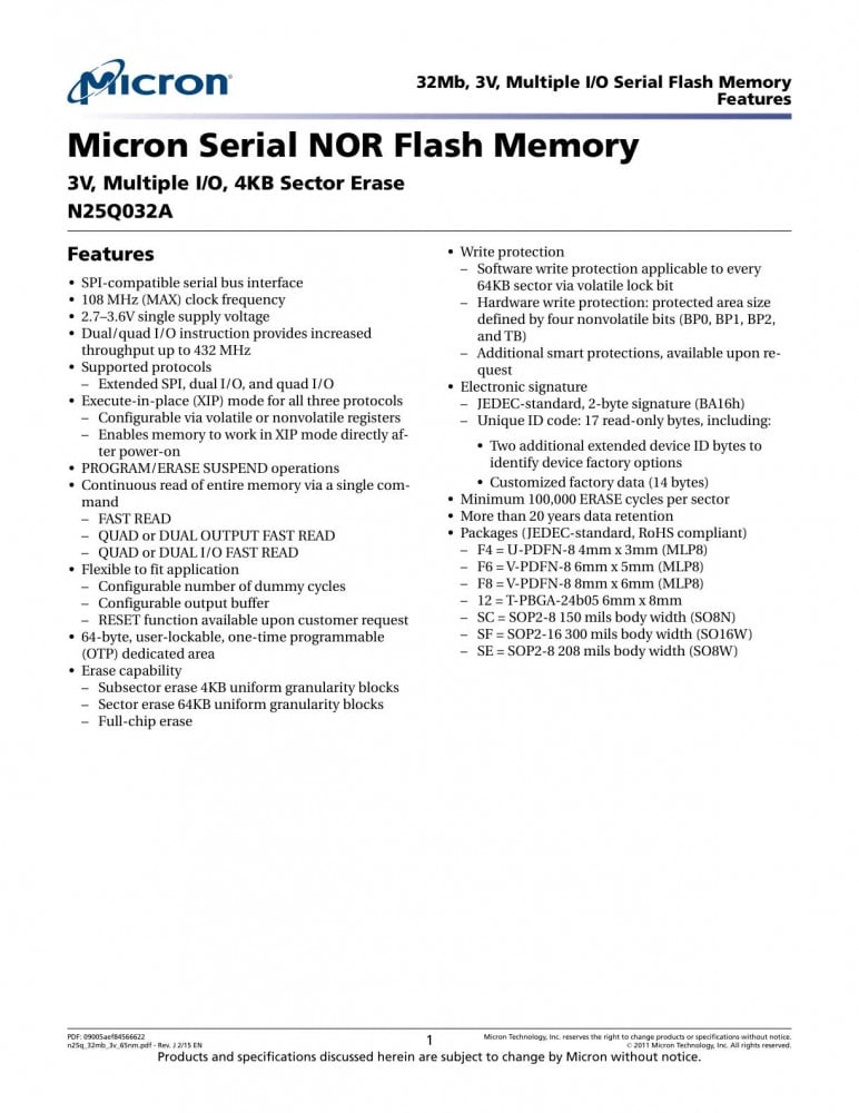 N25Q032A datasheet page 1