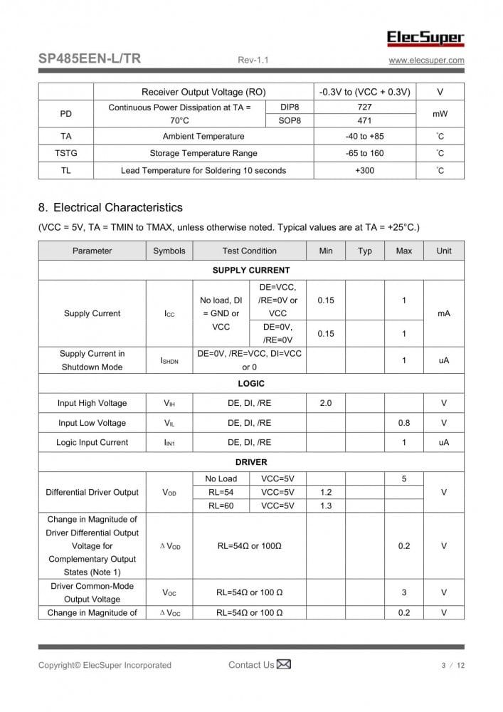 SP485EEN-L/TR datasheet page 3