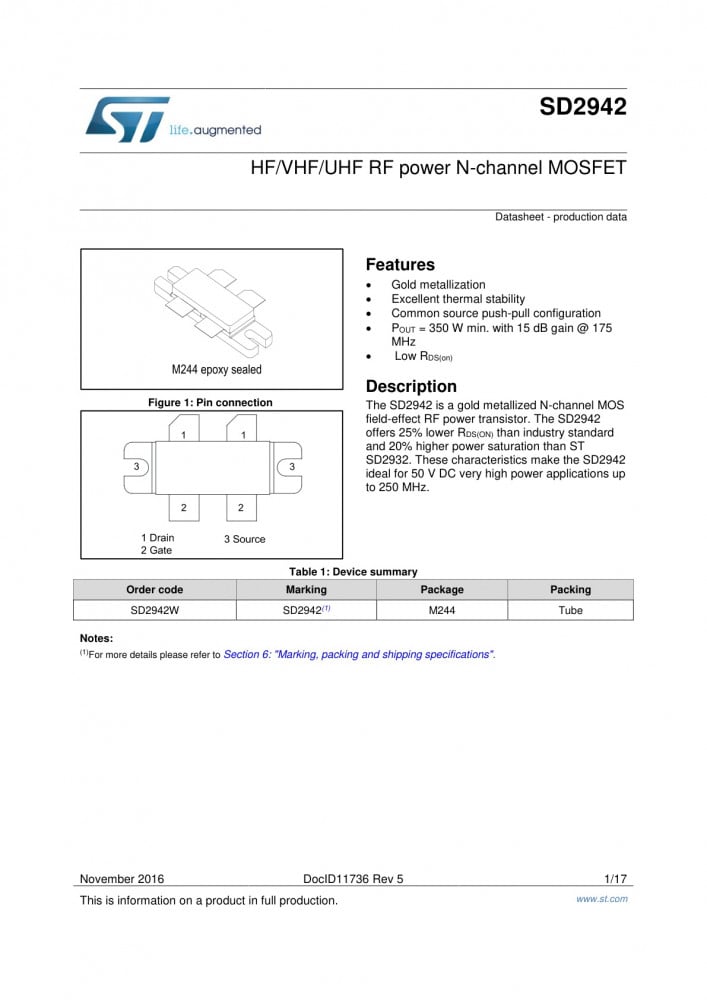 SD2942W datasheet page 1