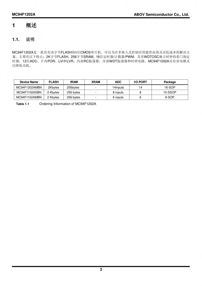 MC94F1102AMBN technical document page 3