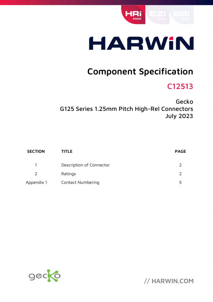 Harwin Gecko specification page 1