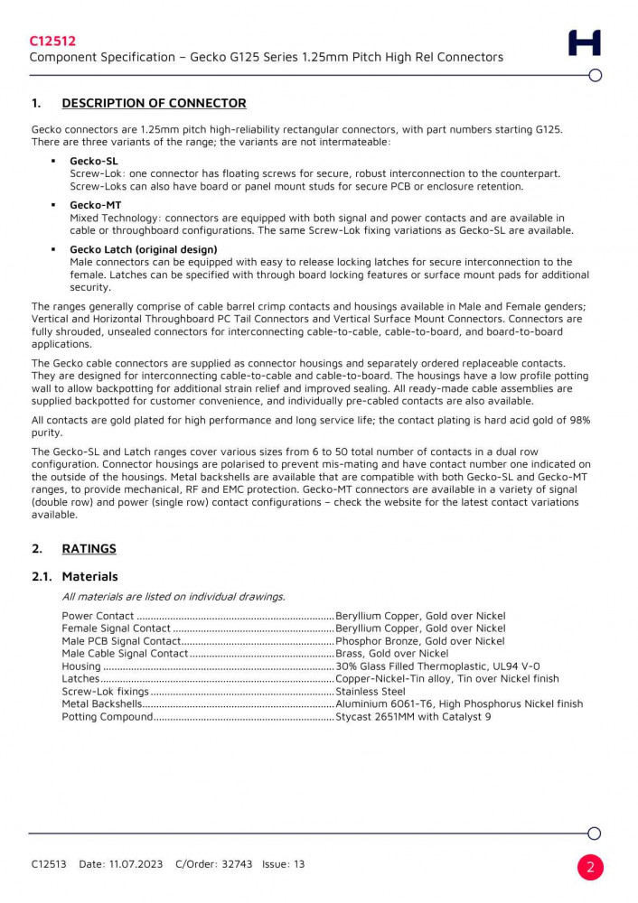 Harwin Gecko specification page 2