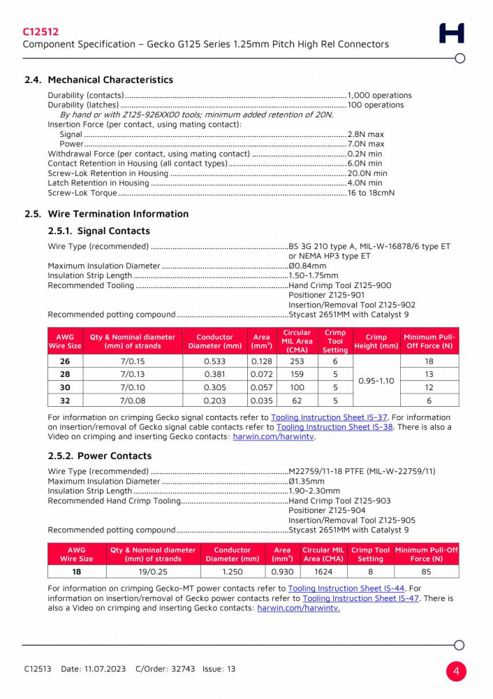 Harwin Gecko specification page 4