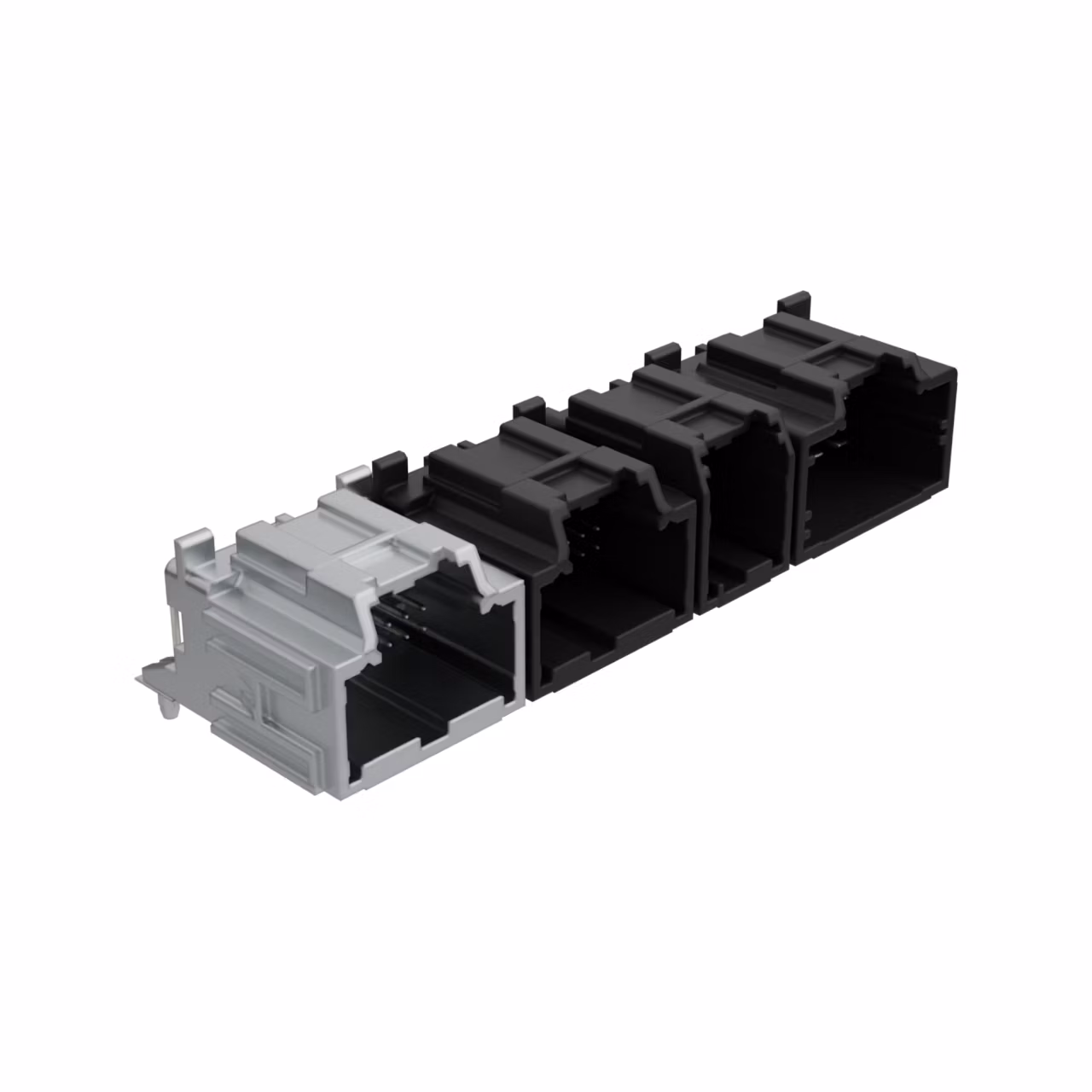 Stac64 4 Bay Right-Angle Headers, 50 Circuits, Bay A 16 Circuit Signal Header, Polarization B, Gray; Bay B 16 Circuit Signal Header, Polarization A, Black; Bay C 8 Circuit Signal Header, Polarization A, Black; Bay D 10 Circuit Power Header, Polarization A, for sale