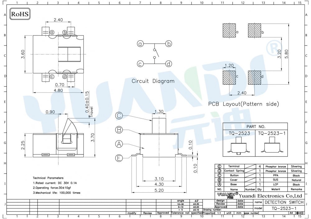 Yuandi TQ-2523-1 detection switch drawing