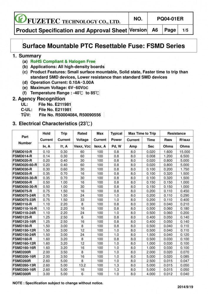 FUZETEC FSMD specification sheet page 1