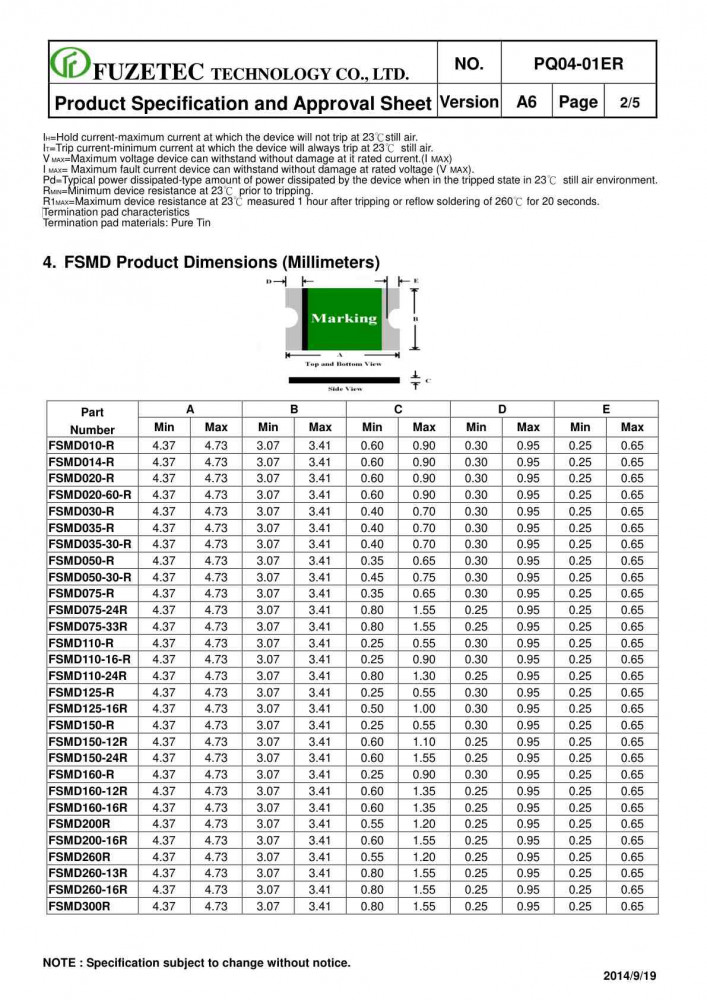 FUZETEC FSMD specification sheet page 2