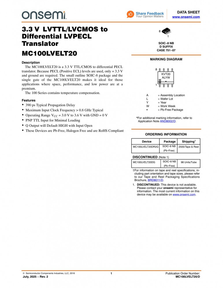 MC100LVELT20 datasheet page 1