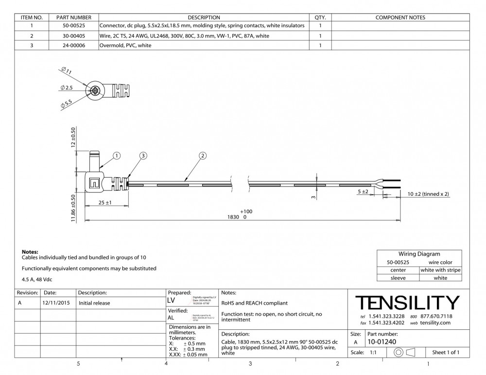 Tensility International 10-01240 cable assembly drawing