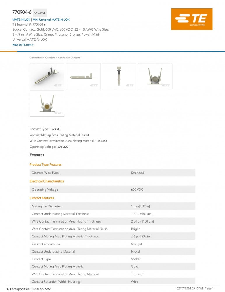 TE Connectivity 770904-6 technical document page 1