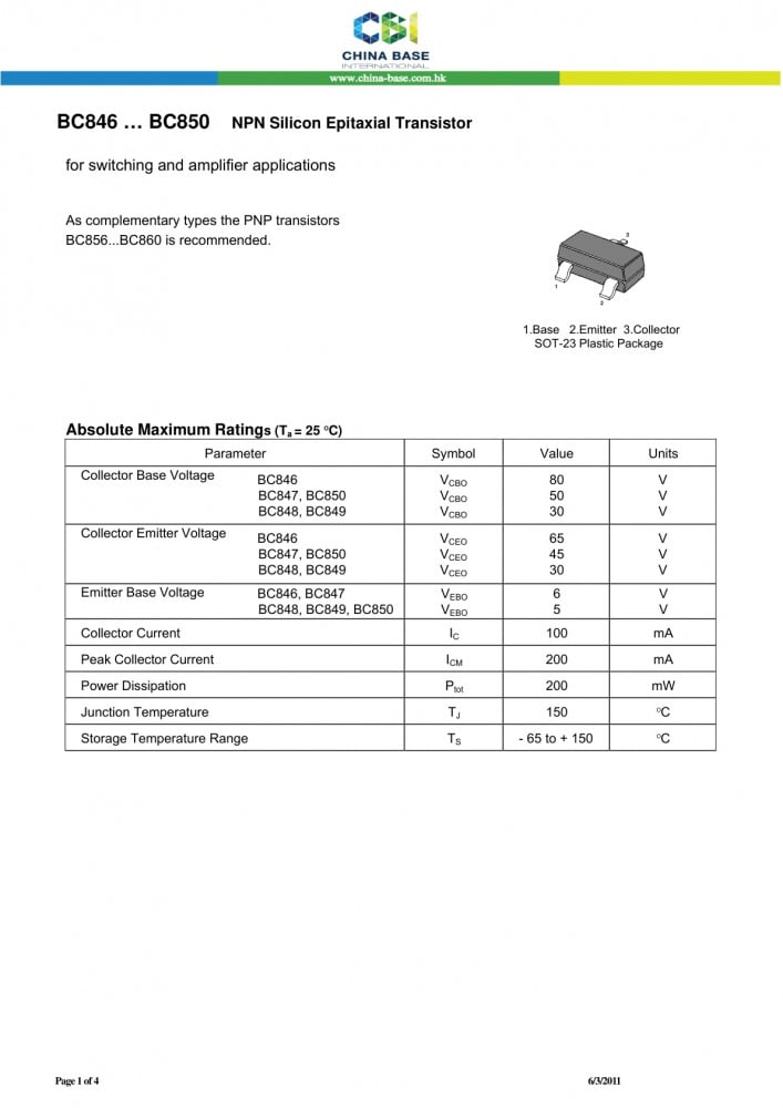 BC850B datasheet page 1