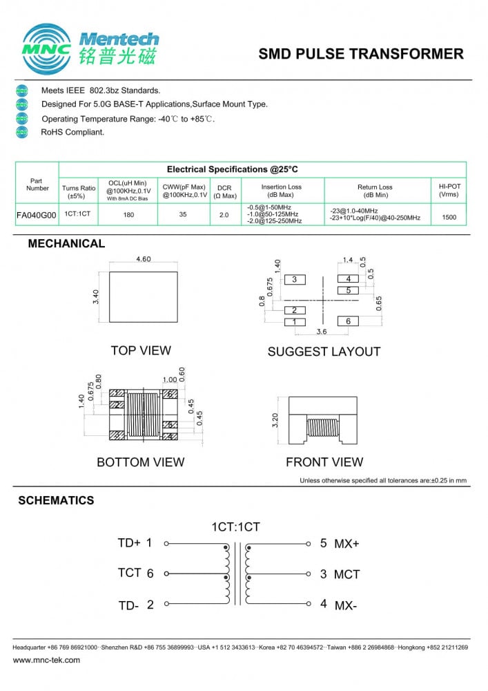 FA040G00 technical specification page