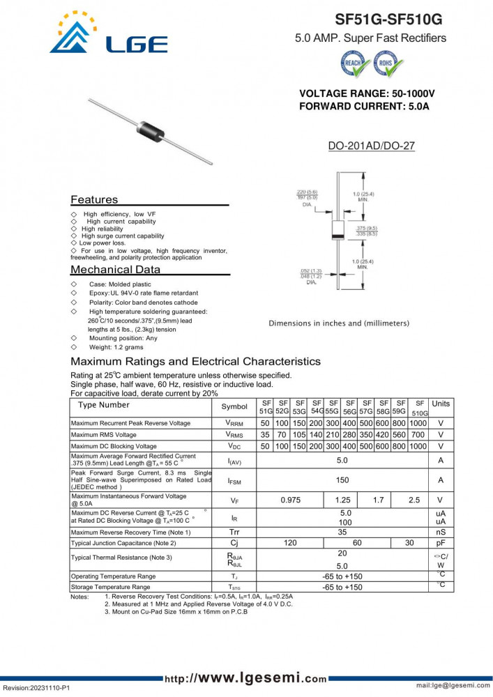 LGE SF58G datasheet page 1