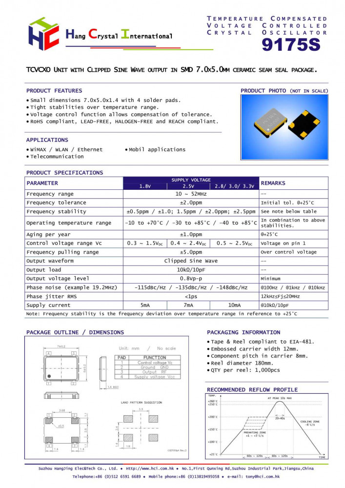 HCI 9175S TCVCXO product documentation preview