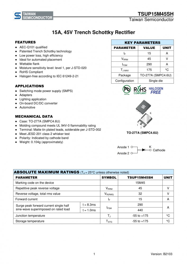 TSUP15M45SH technical document page 1