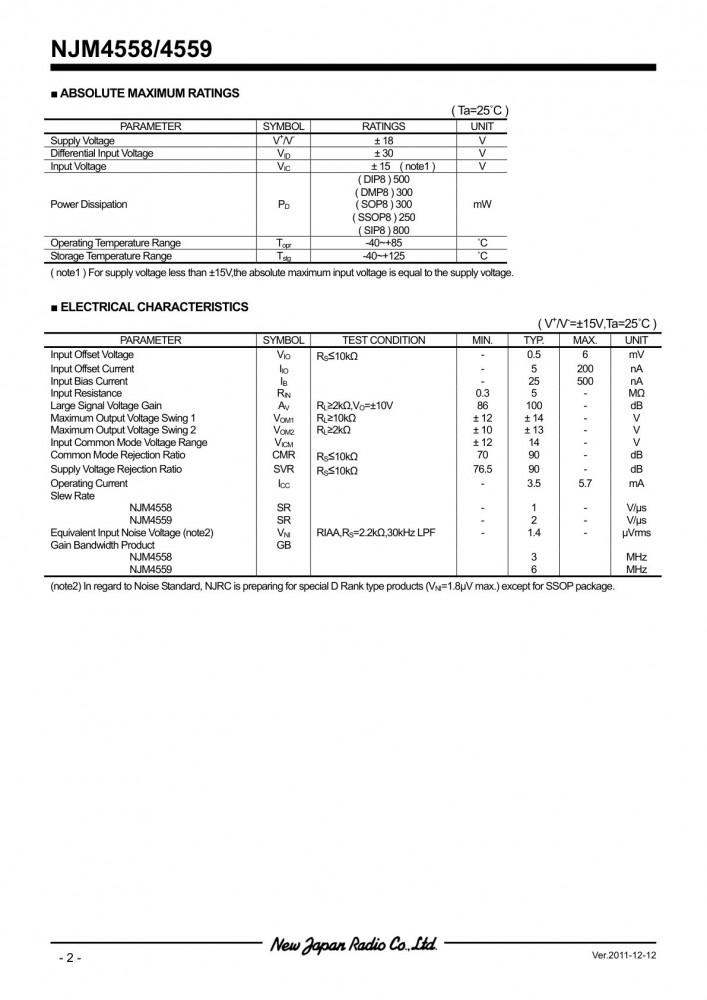 NJM4558/4559 datasheet page 2