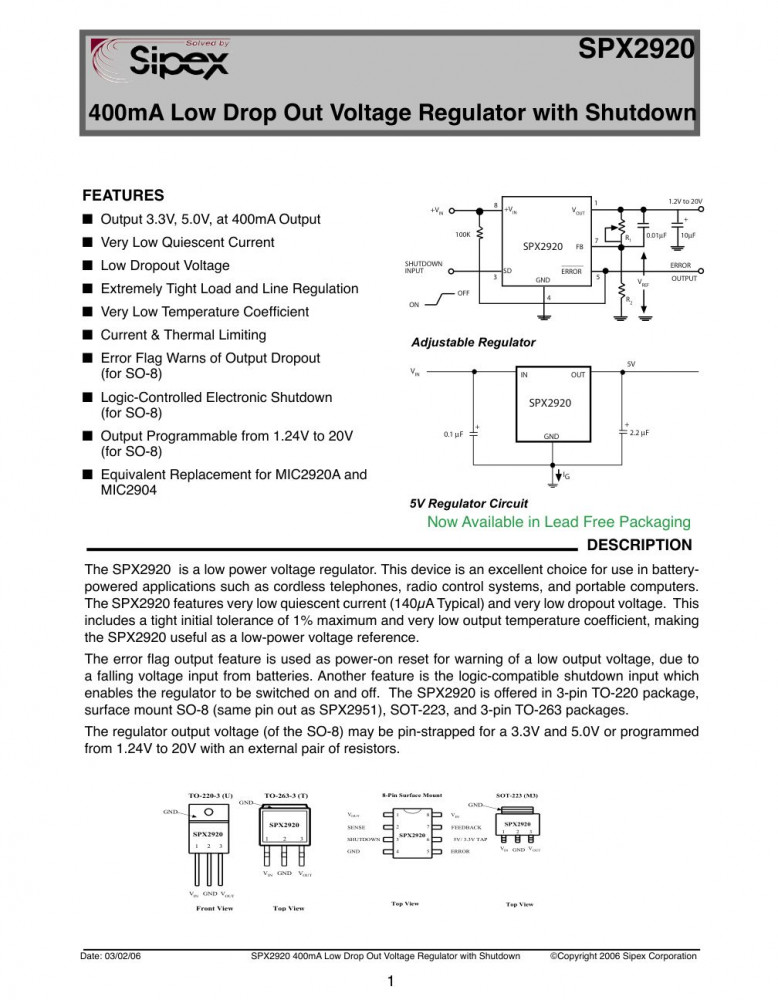 SPX2920 datasheet page 1