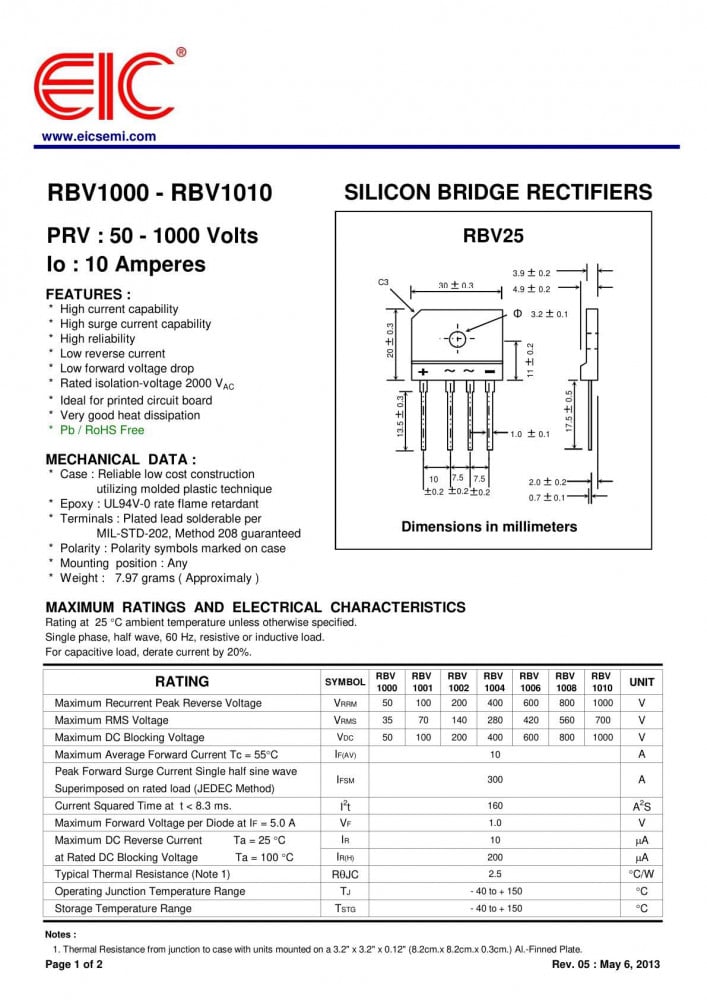EIC RBV1000-RBV1010 datasheet page 1