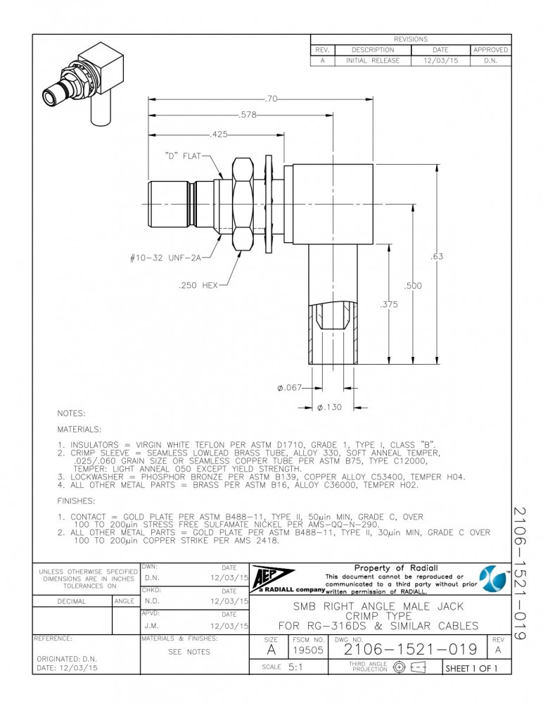 Radiall 2106-1521-019 drawing: SMB right-angle male jack, crimp type