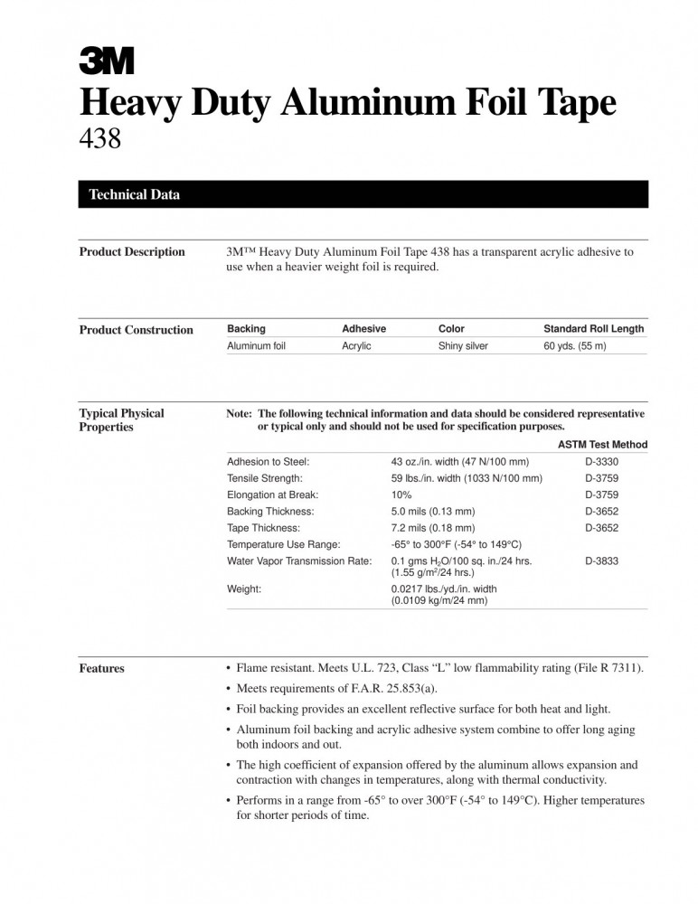 3M Heavy Duty Aluminum Foil Tape 438 technical document page 1