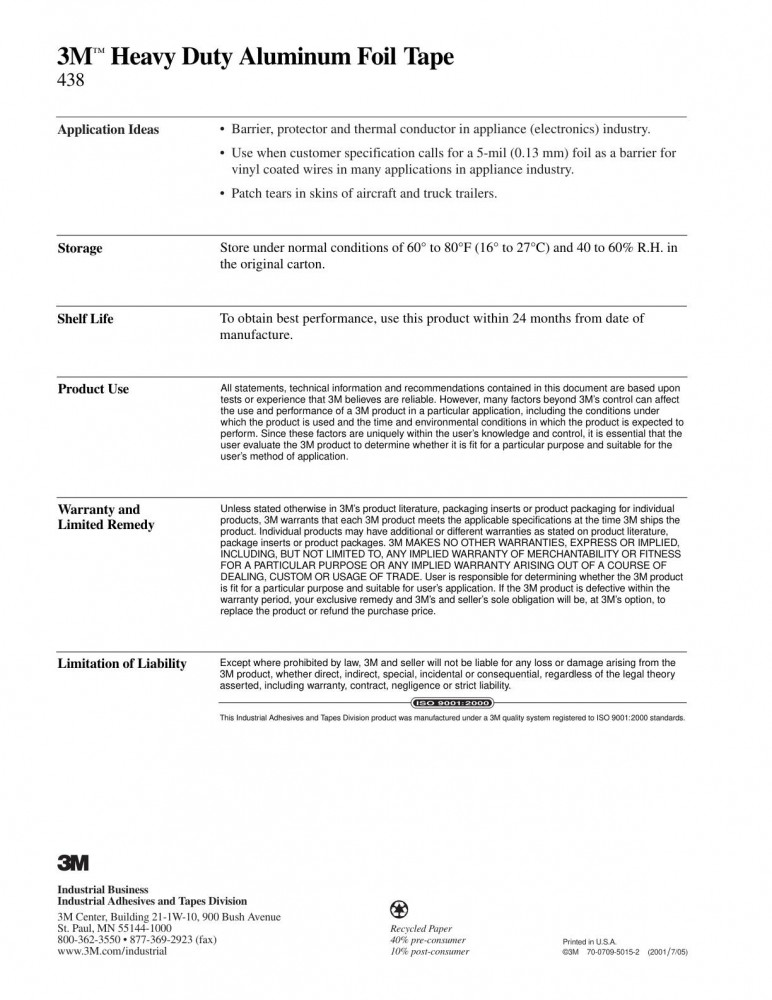3M Heavy Duty Aluminum Foil Tape 438 technical document page 2