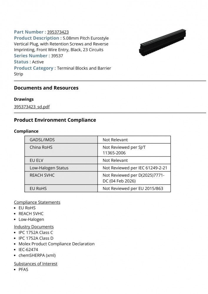 MOLEX 39537 series product drawing, page 1