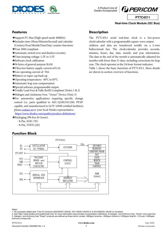 PT7C4311 datasheet page 1