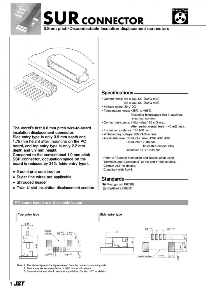 JST SUR series specification page 1