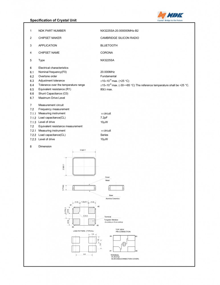 NDK NX3225SA-20.000000MHZ-B2 technical document preview