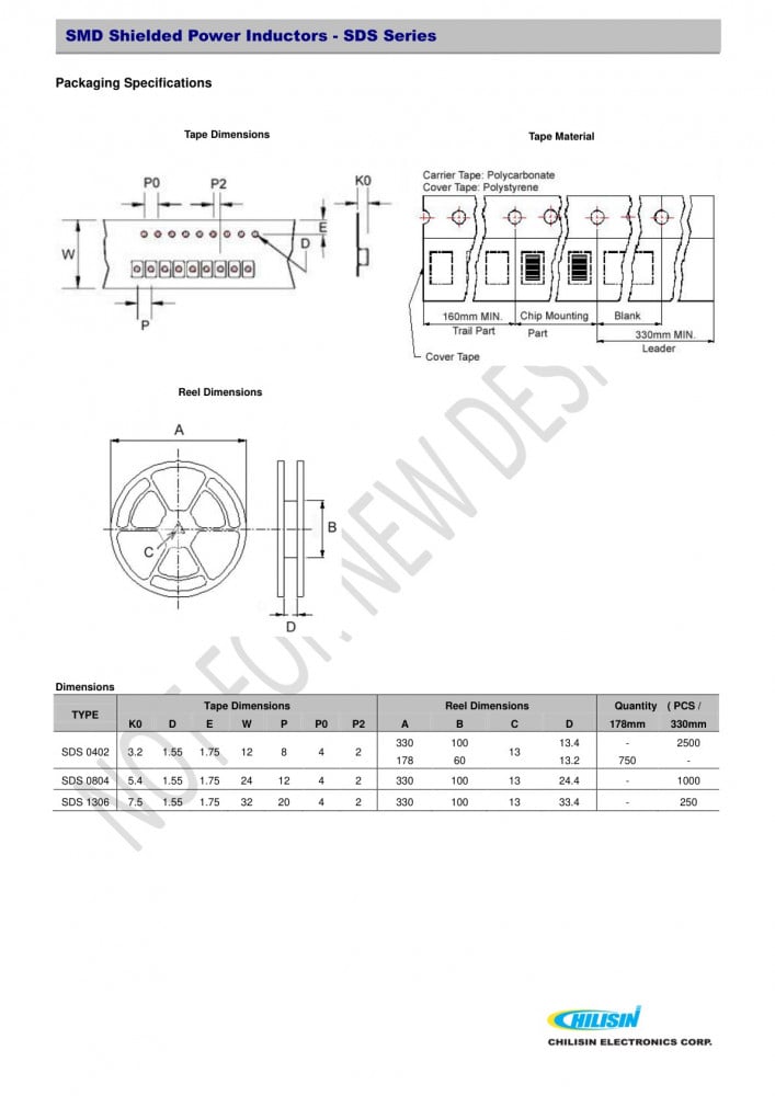 Chilisin SDS series tape and reel dimensions